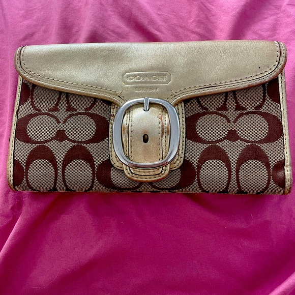 Coach | Bags | Coach Signature Checkbook Wallet In Gold | Poshmark